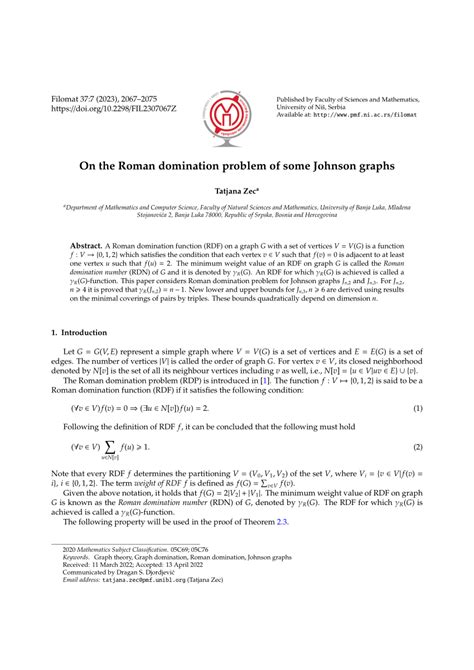 Pdf On The Roman Domination Problem Of Some Johnson Graphs