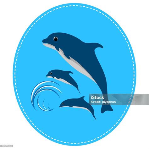 귀여운 돌고래 물고기 행복 점프 와 웨이브 에 서클 로고 고립 된 흰색 배경 벡터 일러스트 고여 있는 물에 대한 스톡 벡터 아트