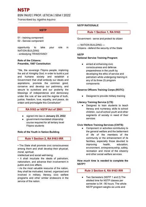 Nstp Nstp Midterm Nstp Bsn 1nu12 Prof Leticia Sem 1 2022 Transcribed By Agatha Aquino