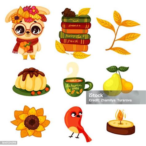 귀엽고 아늑한 디자인 요소의 가을 번들 나뭇잎 토끼 차 해바라기 양초 아늑한 책 푸딩 배 새가 있는 가을 나뭇가지 세트 손으로 그린 가을 삽화 세트 10월에 대한 스톡 벡터