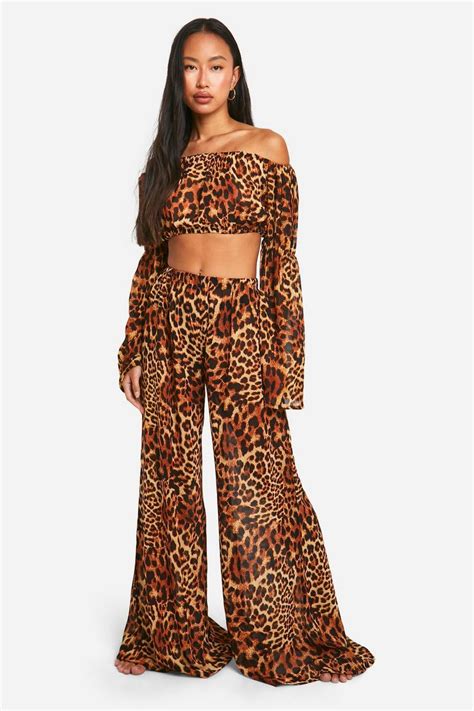Leopard Wide Leg Palazzo Beach Trousers Boohoo Uk