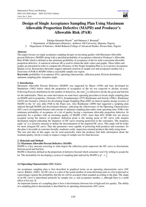 Pdf Design Of Single Acceptance Sampling Plan Using Maximum Allowable Proportion Defective