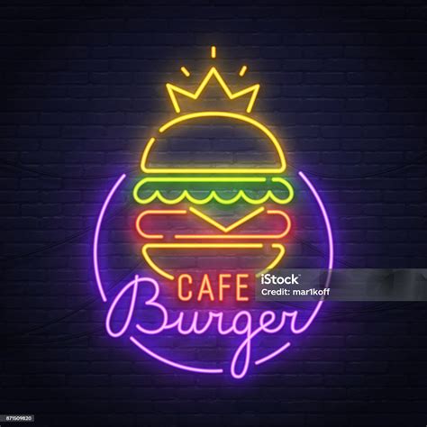햄버거 네온 간판입니다 네온 간판입니다 버거 카페 엠 블 럼 및 레이블입니다 밝은 간판 라이트 배너 간판에 대한 스톡 벡터 아트 및 기타 이미지 Istock