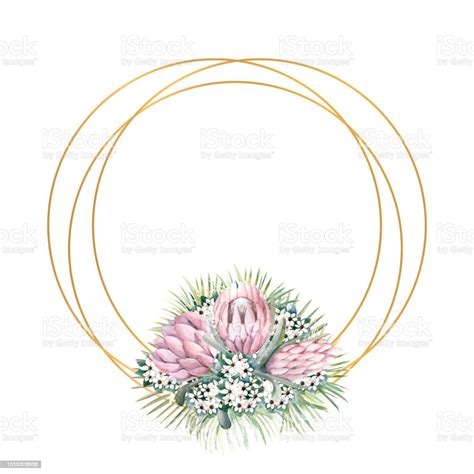 프로테아 꽃 열대 잎 야자수 잎 부바르디아 꽃 둥근 골드 프레임 세련된 초대장의 디자인을위한 프레임에 웨딩 꽃다발 수채화 일러스트레이션 0명에 대한 스톡 벡터 아트 및 기타