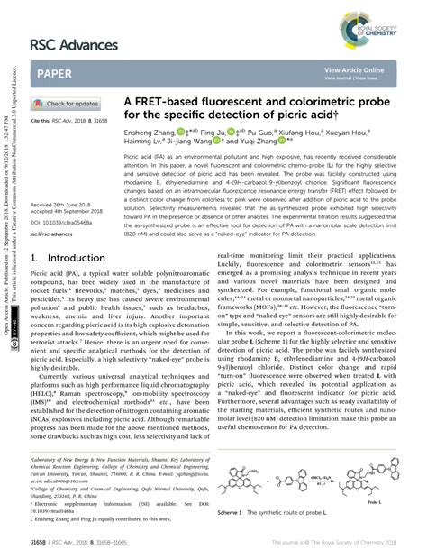 Pdf A Fret Based Fluorescent And Colorimetric Probe For The Specific Detection Of Picric Acid