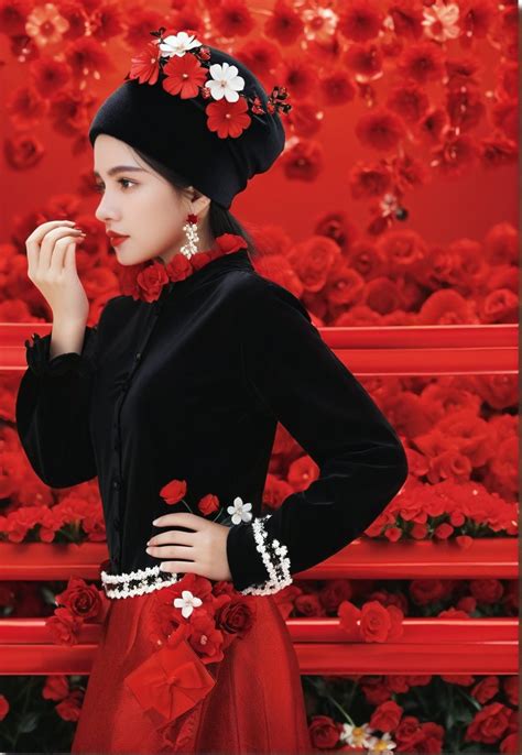 1个布朗族女孩单人花发饰红色主题帽子黑发双手叉腰轮廓 一个退休老头喜欢自嗨的以图出图 通用模式作品