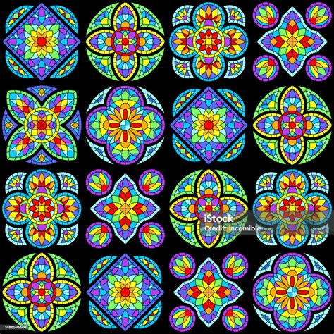 고딕 양식의 스테인드 글라스 창이 있는 매끄러운 패턴 중세 모자이크 타일 질감 스테인드글라스에 대한 스톡 벡터 아트 및 기타 이미지 스테인드글라스 고딕 양식 교회