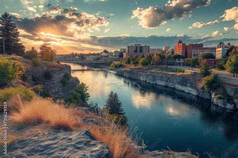 Scenic Vista Of Urban Spokane Washington With Its Downtown And