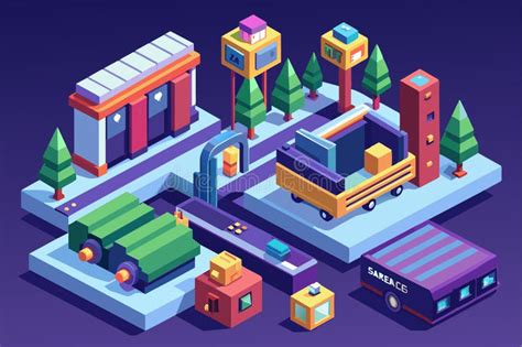 The Vibrant Cityscape Displays Customizable Isometric Structures With Vehicles And Trees For