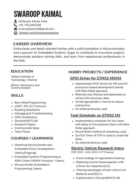 Swaroop Kaimal Career Overview Pdf Embedded System Microcontroller