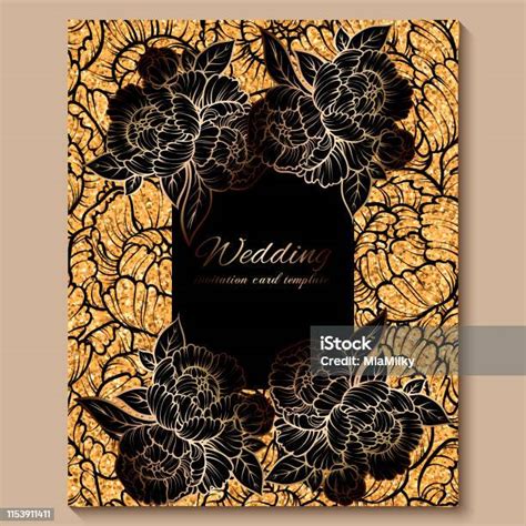 골동품 로얄 럭셔리 웨딩 초대장 카드 텍스트 프레임 및 장소 장미 또는 모란으로 만든 검은 레이스 단풍과 황금 반짝이 배경 0명에 대한 스톡 벡터 아트 및 기타 이미지