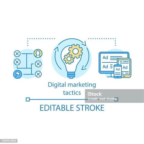 디지털 마케팅 전술 개념 아이콘입니다 온라인 광고 전략 아이디어 얇은 라인 그림 제품 프로모션 디지털 기술 벡터 절연 윤곽선 도면 편집 가능한 스트로크 개념에 대한 스톡