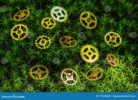 Precision Engineered Toothed Brass Metal Cog Wheels On Green Moss Stock