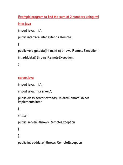 Example Program To Find The Sum Of 2 Numbers Using Rmi Inter Java