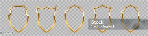 골드 쉴드 프레임은 벡터 일러스트레이션을 설정합니다 금속 코트가있는 현실적인 고립 된 황금 병기 트로피 다양한 모양의 3d 고급 안전 보호 엠블럼 빈티지 블랭크 반짝이는