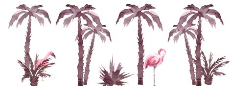 야자수와 핑크 플라밍고와의 완벽 한 테두리 수채화 삽화 단색 열대 실루엣 식물 트로피컬 스타일의 디자인 초대장과 카드 코스메틱 패키지를 위한 여름 요소 검은 테두리에 대한