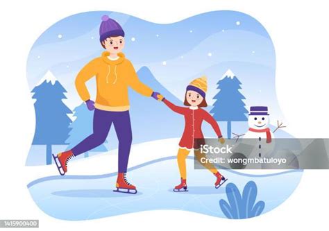 아이스 스케이팅 손으로 그린 만화 계절 겉옷이있는 아이스 링크에서의 겨울 재미 야외 스포츠 활동의 평면 그림 아이스 스케이팅에 대한 스톡 벡터 아트 및 기타 이미지 Istock