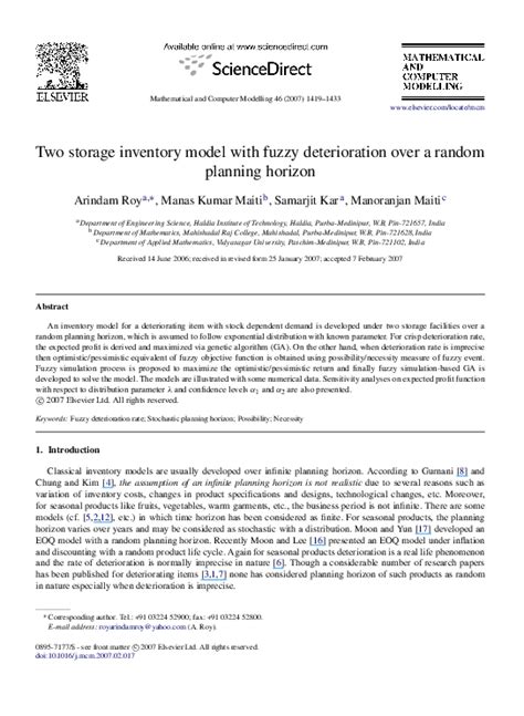 Pdf Two Storage Inventory Model With Fuzzy Deterioration Over A Random Planning Horizon
