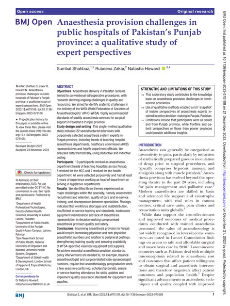 Pdf Anaesthesia Provision Challenges In Public Hospitals Of Pakistans Punjab Province A