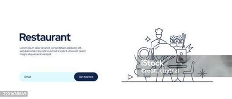 레스토랑 컨셉 라인 아트 스타일 벡터 일러스트 레이 션 웹 페이지 배너 포스터 인쇄 등을 위한 디자인 레스토랑에 대한 스톡 벡터 아트 및 기타 이미지 Istock
