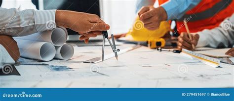 Architect Or Engineer Working On Building Blueprint In Office Insight Stock Image Image Of