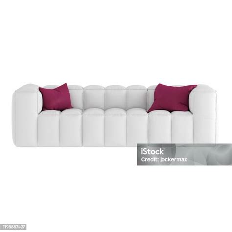흰색 배경에 보라색 베개가있는 흰색 부드러운 가죽 소파 3d 렌더링 0명에 대한 스톡 사진 및 기타 이미지 0명 3차원 형태 가구 Istock
