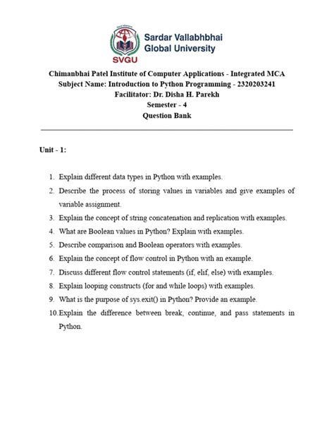 2320203241 Introduction To Python Programmingquestion Bank Pdf Control Flow Regular