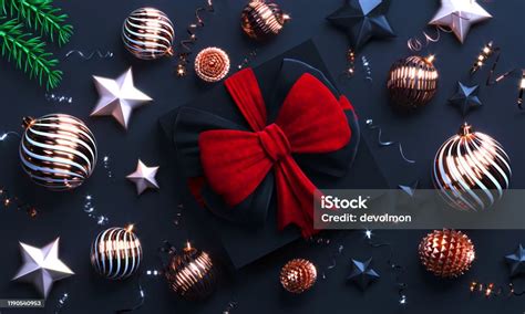 새해 복 야 포스터입니다 큰 선물 상자와 크리스마스 배경입니다 크리스마스 트리 공 가지 및 선물 장식 메리 크리스마스 배너입니다 3d 렌더링 12월에 대한 스톡 사진 및