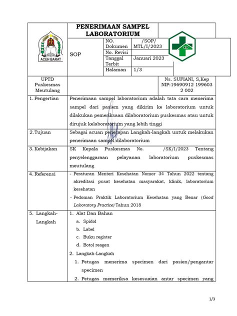 Sop Penerimaan Sampel Lab Pdf