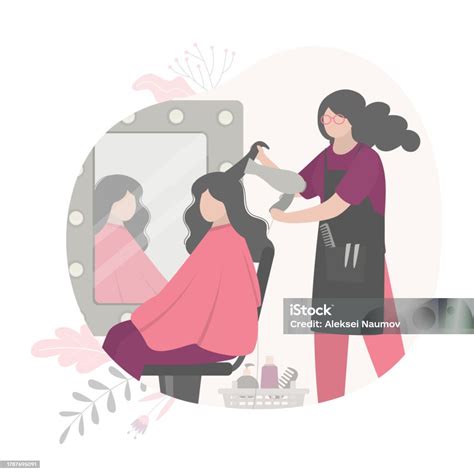 미용실을 방문하는 젊은 여성 거울 앞에서 머리를 자르는 소녀를 위해 이발을하는 미용사 마스터 미용실 이발소 미용실에서의 레크리에이션 개념에 대한 스톡 벡터 아트 및 기타
