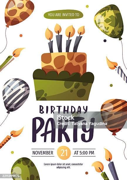 정글 스타일의 생일 케이크 양초 풍선을 사용한 생일 초대장 디자인 A4 용지에 대한 스톡 벡터 아트 및 기타 이미지 A4 용지 공휴일 놀라움 Istock