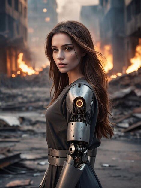 Premium Photo A Girl Robot Is Behind Him