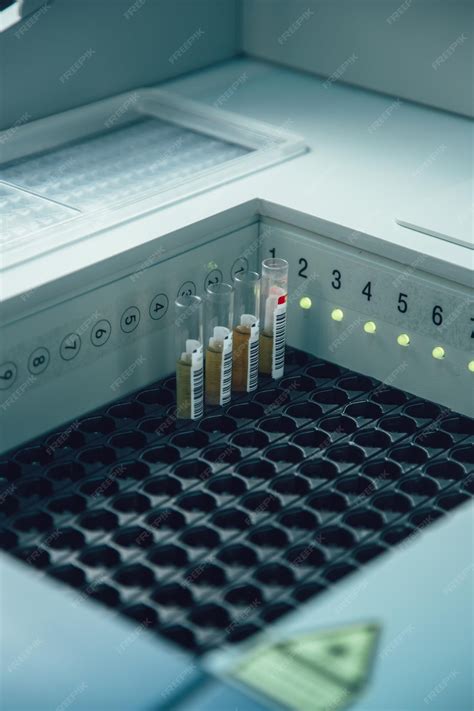 Premium Photo Close Up Of Several Test Tubes Placed In An Immunochemistry Analyzer In The Lab