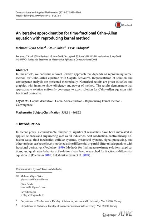Pdf An Iterative Approximation For Time Fractional Cahnallen Equation With Reproducing Kernel
