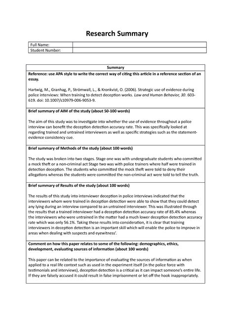 Research Summary Submission Template Research Summary Full Name Babe Number Summary Studocu