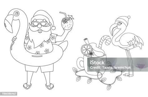 색칠하기 페이지 플라밍고 풍선 반지와 흰색 배경에 고립 칵테일귀여운 플라밍고 산타 클로스 벡터 그림입니다 검은색에 대한 스톡 벡터 아트 및 기타 이미지 Istock