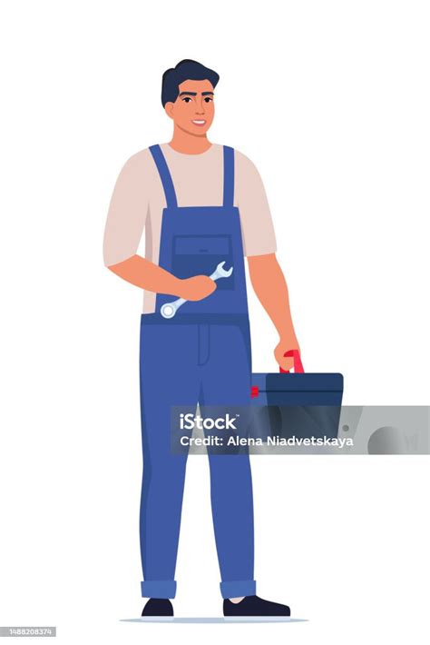 도구 상자를 가진 수리공 또는 정비사 손에 렌치를 들고 제복을 입은 남자 캐릭터 벡터 그림입니다 공구상자에 대한 스톡 벡터 아트 및 기타 이미지 Istock