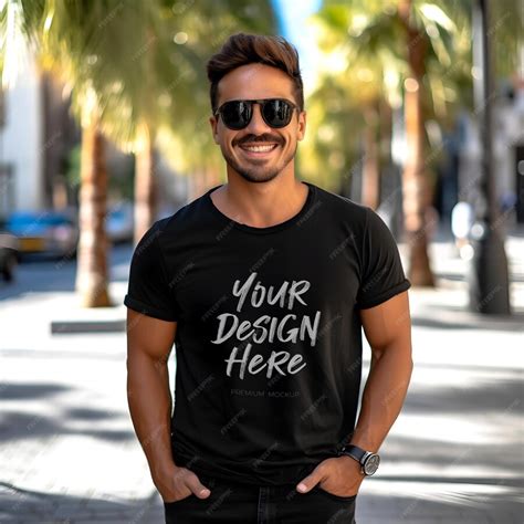 Premium Psd Man Wearing Black T Shirt Psd Mockup