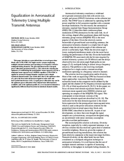 Pdf Equalization In Aeronautical Telemetry Using Multiple Transmit Antennas Shah Afran
