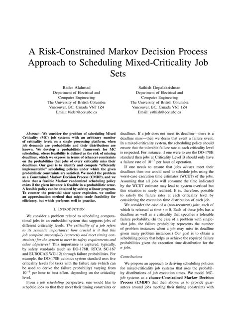 Pdf A Risk Constrained Markov Decision Process Approach To Scheduling