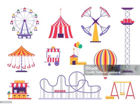 플랫 놀이 공원 롤러 코스터 서커스 텐트 및 열기구 페스티벌 카니발 관람수 푸드 키오스크 및 어트랙션 벡터 세트 Carnival에 대한 스톡 벡터 아트 및 기타 이미지