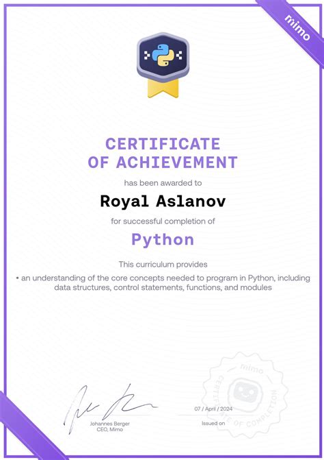 Royal Aslanov On Linkedin Hooray I Just Completed Python And Received A Mimo Certificate