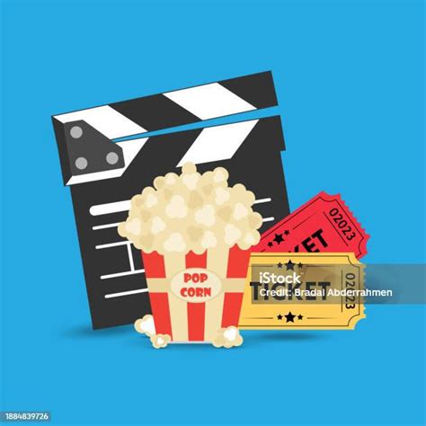 시네마 아이콘 세트 클래퍼 보드 티켓 하나 팝콘 필름 릴 영화 및 비디오 미디어 또는 영화 제작 파란색 배경에 벡터 아이콘 Film Screening에 대한 스톡 벡터 아트