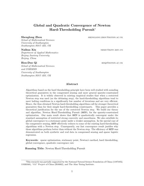 Pdf Global And Quadratic Convergence Of Newton Hard Thresholding Pursuit