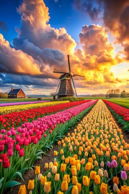 Traditional Landscape With Tulip Fields And Windmill Beautiful Spring Flowers And Majestic