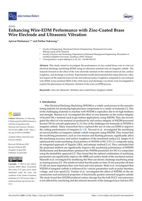 Pdf Enhancing Wire Edm Performance With Zinc Coated Brass Wire Electrode And Ultrasonic Vibration