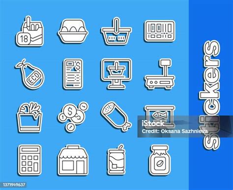 세트 라인 커피 항아리 병 통조림 생선 전자 비늘 장바구니 종이 또는 금융 체크 건강한 유기농 배 담배 팩 상자 및 카트 컴퓨터 아이콘 벡터 0명에 대한 스톡 벡터 아트 및