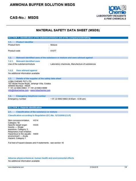 Msds Ammonia Buffer Solution Casno 01077 En Aspx Pdf Dangerous Goods Toxicity