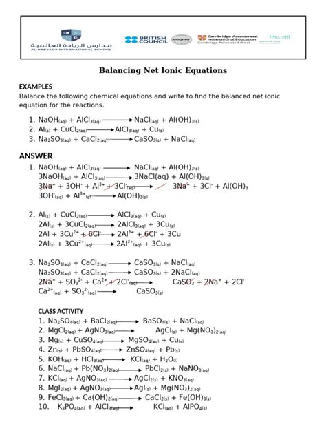 Balancing Net Equation Classwork Pdf