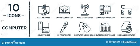 Computer Linear Icon Set Includes Thin Line Data Analyser Wireless